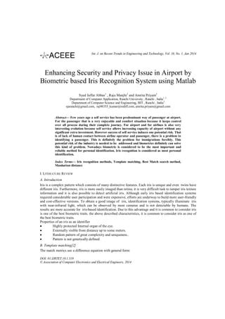Enhancing Security And Privacy Issue In Airport By Biometric Based Iris Recognition System Using