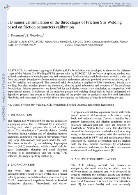 Pdf 3d Numerical Simulation Of The Three Stages Of Friction Stir Welding Based On Friction
