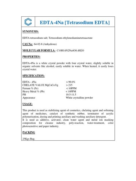 Tetrasodium Edta 4na Properties And Uses Pdf