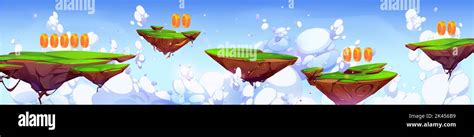 Game Level Flying Island Jumping Platforms In Blue Sky With Clouds Cartoon Landscape Ui Design