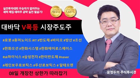 08일 개장전 상한가↑따라잡기 한화오션 알테오잰 레인보우로보틱스 Sk하이닉스 씨젠 삼성전자 두산로보틱스 한미반도체 Naver 한화에어로스페이스 한화시스템