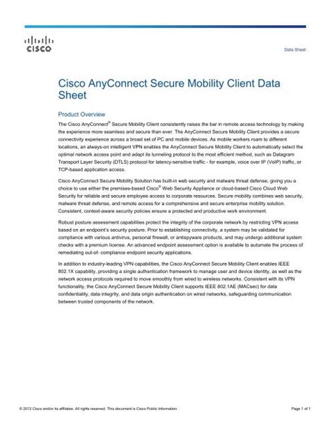 Cisco Anyconnect Secure Mobility Client Data Sheet