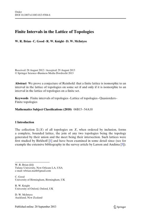 Pdf Finite Intervals In The Lattice Of Topologies