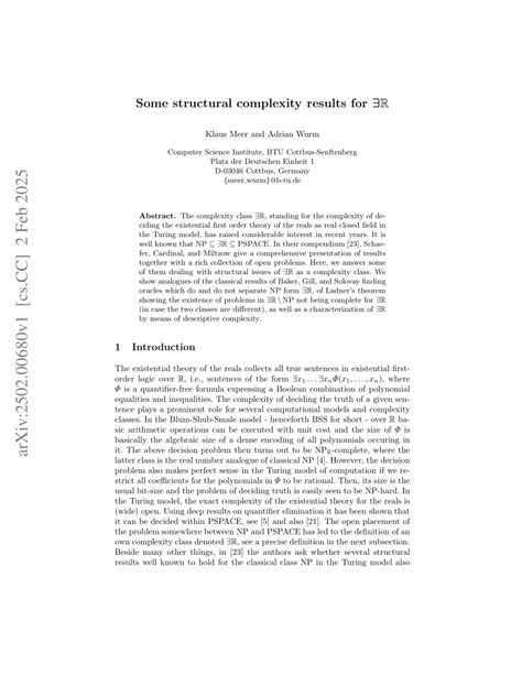 Pdf Some Structural Complexity Results For Existsmathbb R