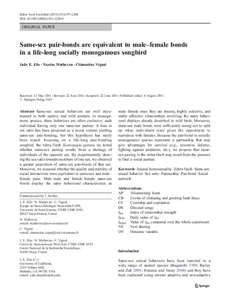 Pdf Same Sex Pair Bonds Are Equivalent To Malefemale Bonds In A Life