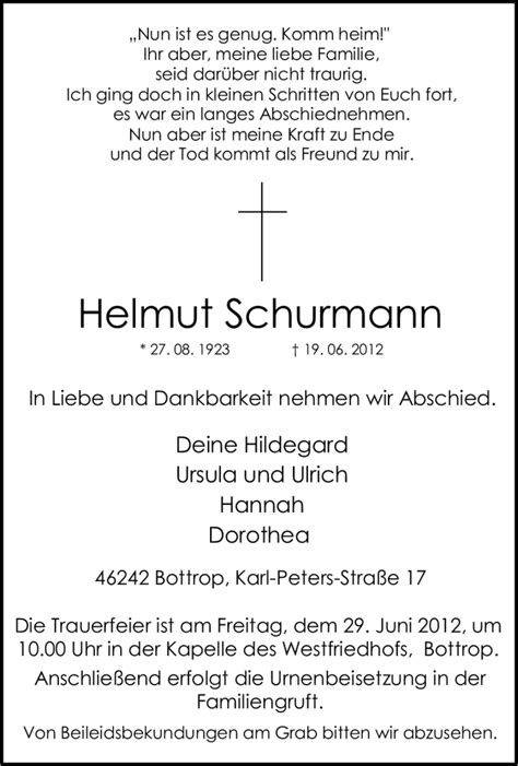 Traueranzeigen Von Helmut Schurmann Trauer In Nrw De