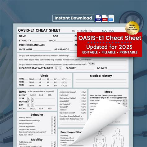 Oasis E1 Updated Cheat Sheet Start Of Care Template Oasis E Visit Soc
