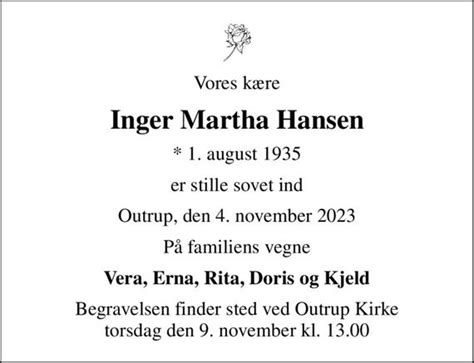 Inger Martha Hansen Dødsannoncer I Danmark