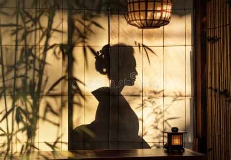 Silhouette Of A Geisha Seen Through A Shoji Screen With Bamboo Shadows