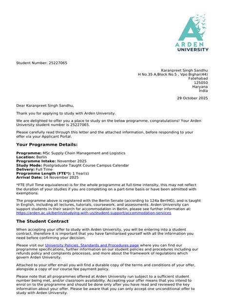Arden University Msc Offer Letter Pdf Fee Tuition Payments