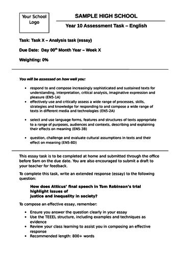 Atticus Speech Analysis And Assessment Task To Kill A Mockingbird