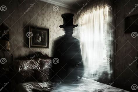 Mysterious Shadow Hat Man Figure With Top Hat In Dark Room Stock