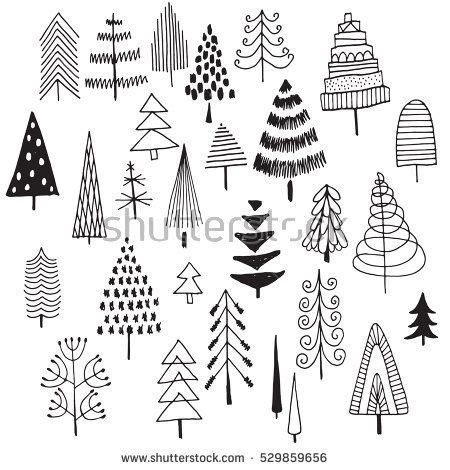 Hand Drawn Christmas Trees Black And White Doodle
