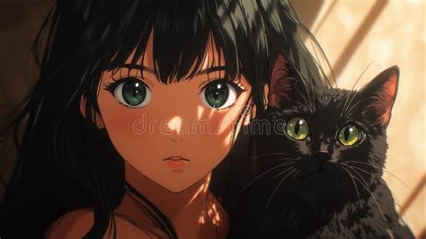 Anime Girl With Black Cat Iilluminated By Sunlight Illustration Stock