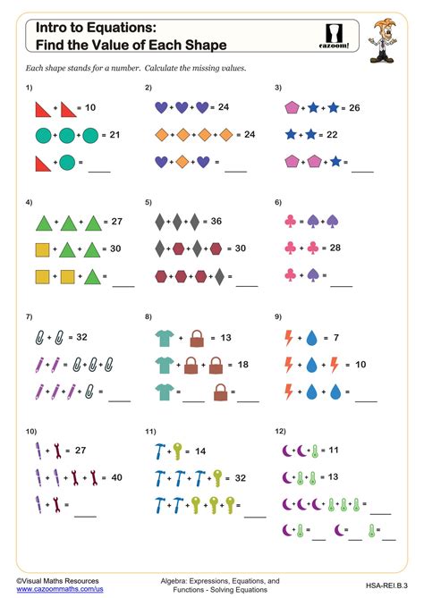 Intro To Equations Find The Value Of Each Shape Worksheet Pdf Printable Algebra Worksheet