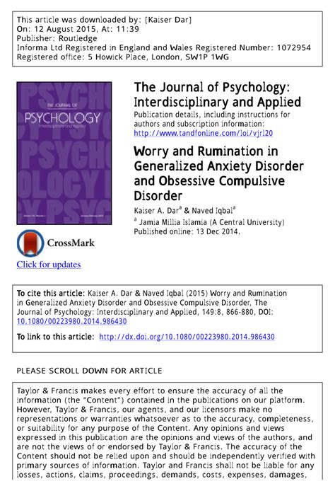 Pdf Worry And Rumination In Generalized Anxiety Disorder And Obsessive Compulsive Disorder