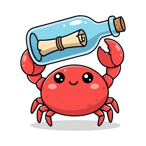 Cartoon Cute Red Crab Holding A Message In A Bottle Illustration