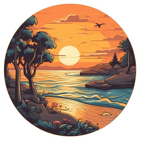 Premium Psd Round Sticker Of A Sunset Beach