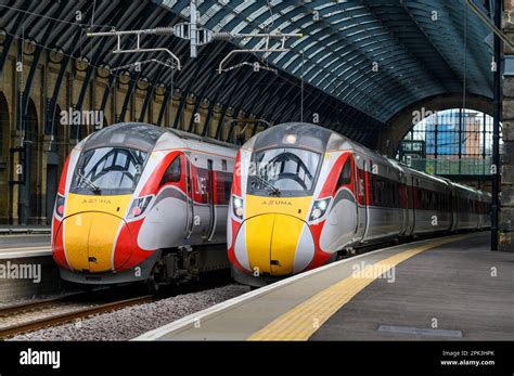 Pair Of Azuma High Speed Trains In Lner Livery Waiting At Kings Cross Railway Station London