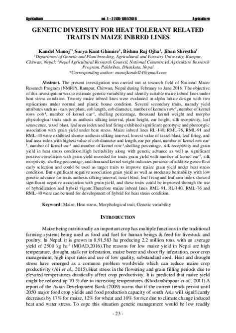Pdf Genetic Diversity For Heat Tolerant Related Traits In Maize