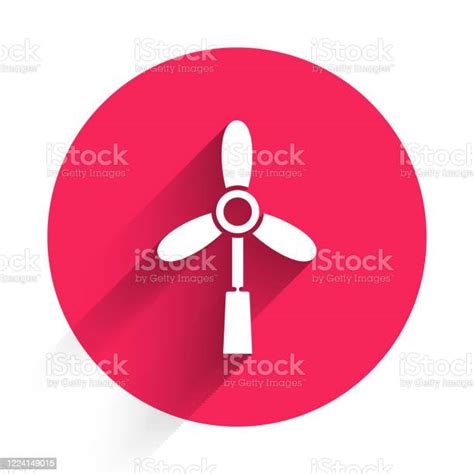 긴 그림자로 격리 된 흰색 풍력 터빈 아이콘입니다 풍력 발전기 기호입니다 전력 생산을 위한 풍차 빨간색 원 버튼입니다 벡터 일러스트레이션 개념에 대한 스톡 벡터 아트 및