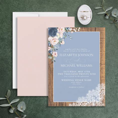 Formal Dusty Blue Blush Rustic Wood Lace Wedding Invitation Zazzle