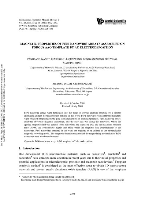 Pdf Magnetic Properties Of Feni Nanowire Arrays Assembled On Porous Aao Template By Ac