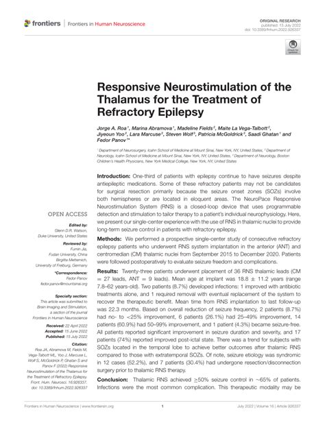 Pdf Responsive Neurostimulation Of The Thalamus For The Treatment Of Refractory Epilepsy