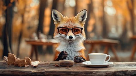 Fox In Thin Rim Glasses With Elegant Espresso Cup Forest Caf Ambiance