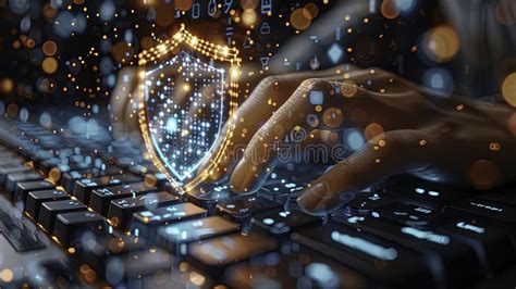 Hands Typing On A Keyboard With A Glowing Shield Representing Cyber
