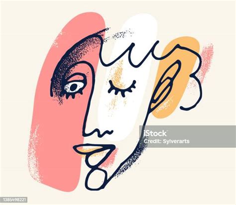 추상적인 여성 얼굴 벡터 아트 워크 현대 트렌디 한 여성 초상화 아트 손으로 그린 초현실적 인 아름다움 최소한의 예술 디자인 그을렸을 인간의 머리 벽화에 대한 스톡 벡터