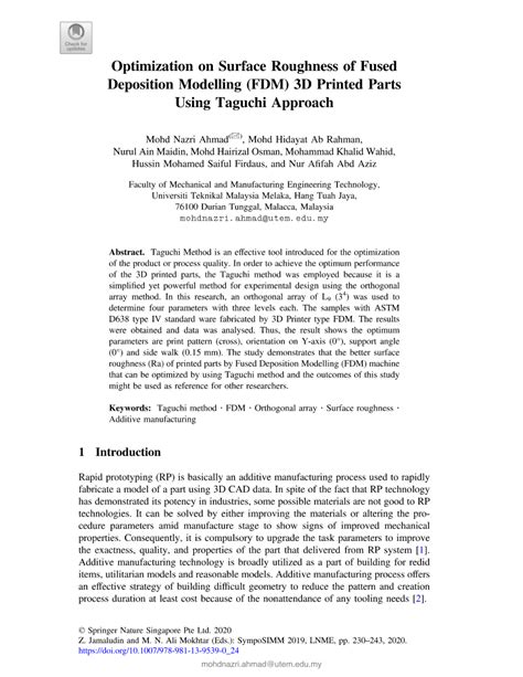 Pdf Optimization On Surface Roughness Of Fused Deposition Modelling Fdm 3d Printed Parts