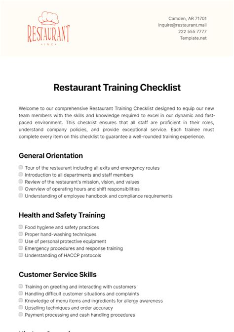 Free Kitchen Staff Training Checklist Template To Edit Online