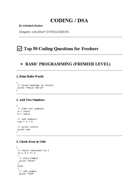Top 50 Coding Questions For Freshers Basic Programming Studocu