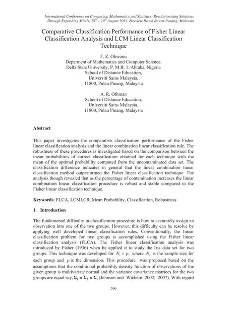 Pdf Comparative Classification Performance Of Fisher Linear