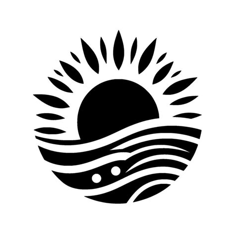 Monochrome Circular Illustration Of A Sunset Over Ocean Waves