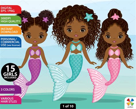 Black Mermaid Clipart Vector Afro Girl Cute Mermaid Png Etsy Uk