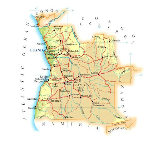 Detailed Road And Physical Map Of Angola Angola Detailed Road And