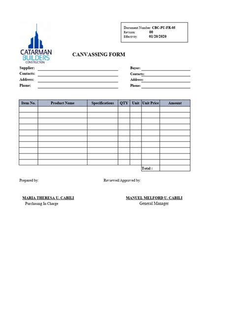 Supplier Canvassing Form Template Pdf