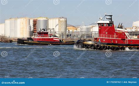 Tugboats Passing Kill Van Kull Strait Westward On Background Of Bayonne