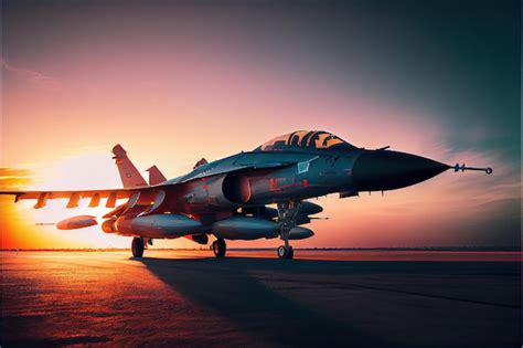 Aviones Militares A Reacción Estacionados En La Pista Al Atardecer 1