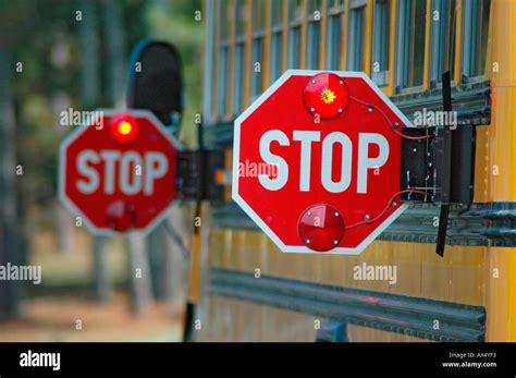 Yellow School Bus With Flashing Red Stop Signs For Unloading And