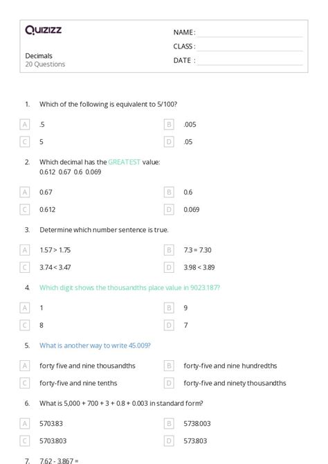 50 Decimals Worksheets For 4th Class On Quizizz Free And Printable