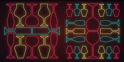 와인 안경 네온 라이트 아이콘 세트입니다 레스토랑 서비스 알코올 바 포트 와 마데이라 안경 알코올 음료 유리 제품 빛나는 징후 벡터 절연 일러스트레이션 공휴일에 대한 스톡