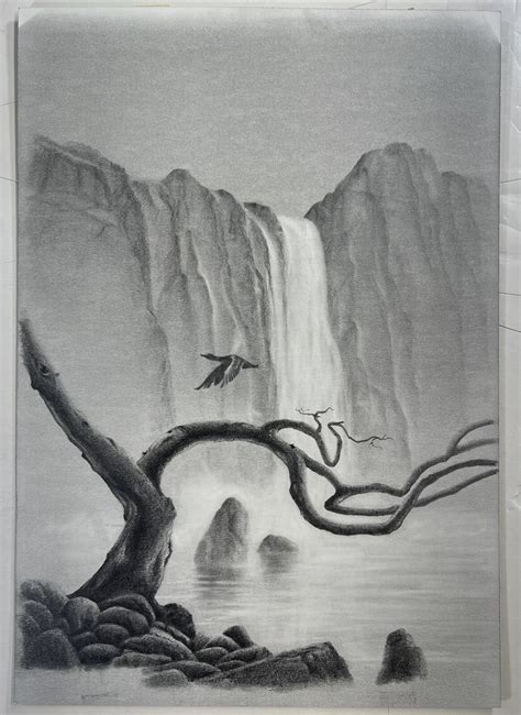 Landscape Drawing By Pencil Pencil Drawing Waterfall
