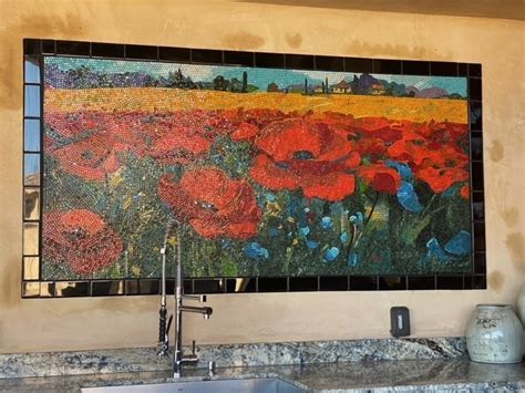 Poppy Field Glass Mosaic Art Floral Decor By Mozaico