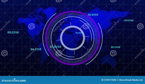 round scanner and multiple numbers floating over world map against blue