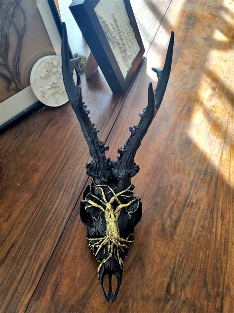 Real Deer Skull With Handmade Clay Tree Of Life Black And Gold Etsy