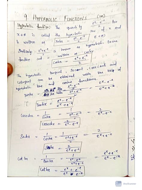 9 Hyperbolic Functions Notes Pdf
