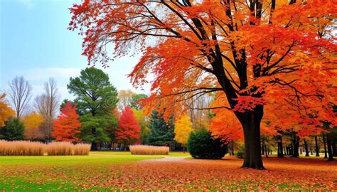 The Image Depicts A Vibrant Autumnal Scene With A Prominent Red Orange